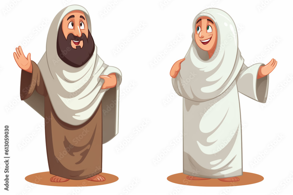 Cartoon muslim man and woman wearing ihram clothing, generative ai ...