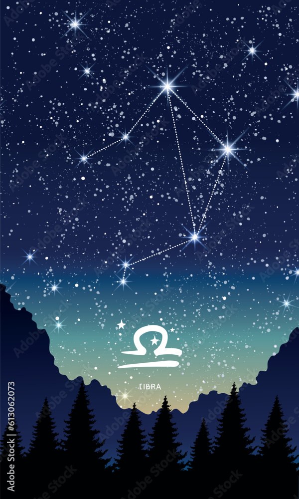 Libra constellation in the night sky, Zodiac sign, horoscope, mountain ...