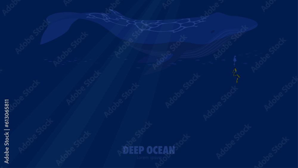 Vector illustration of a blue whale swimming underwater with a diver ...