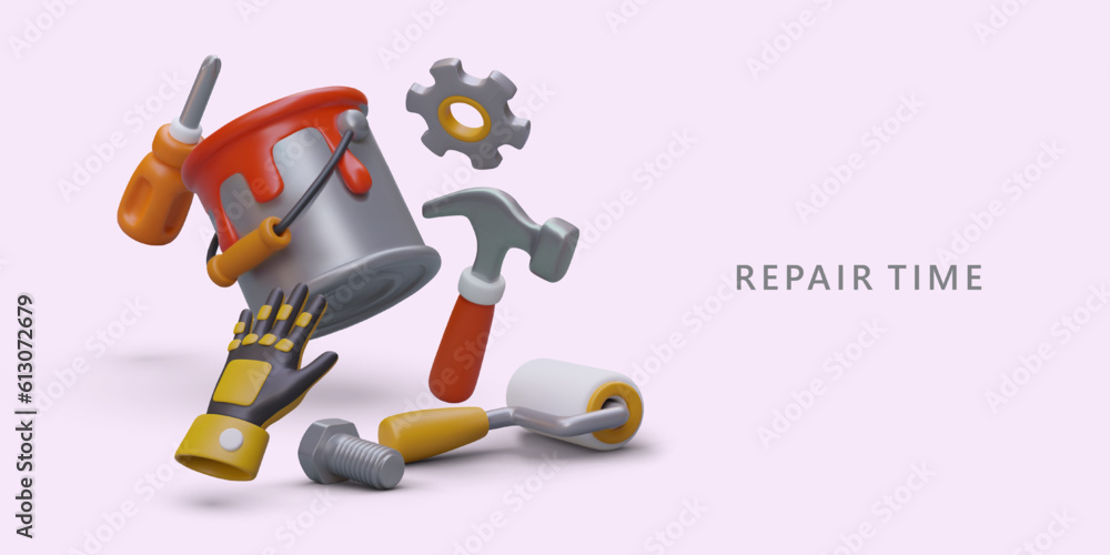 Repair time. Advertising banner on light purple background. Individual ...