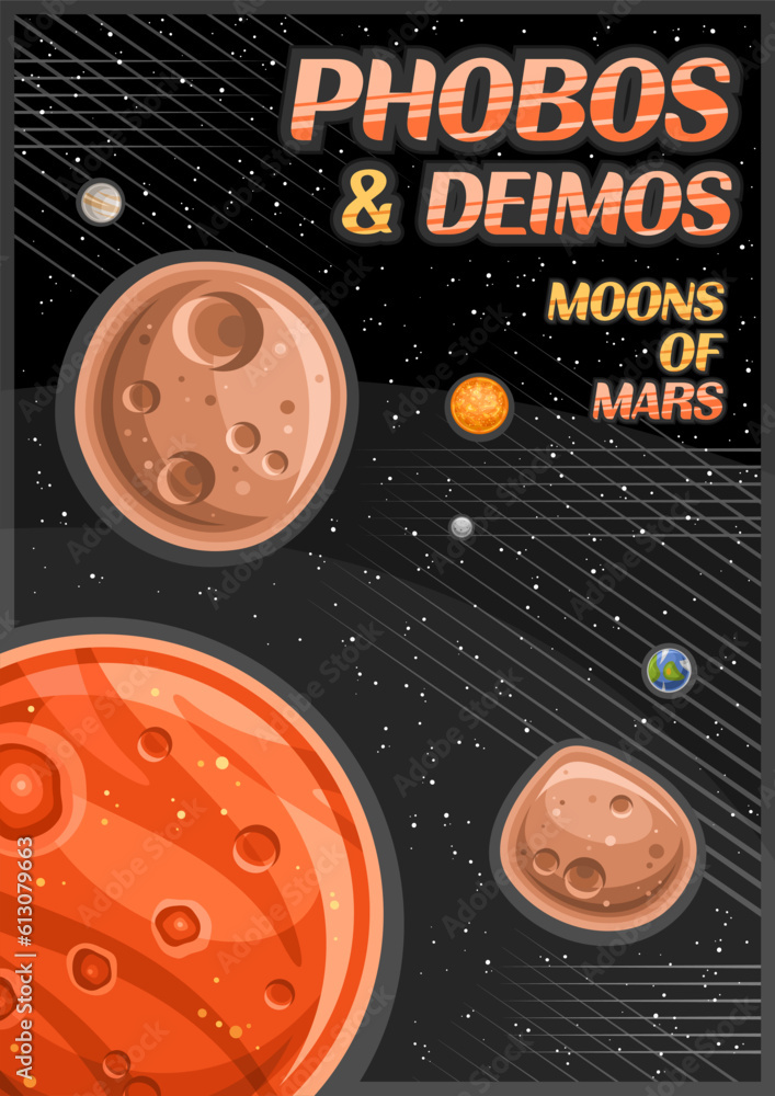 Vector Poster for Phobos and Deimos, vertical banner with illustration ...