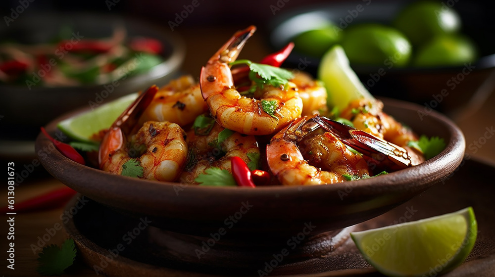 Generative AI image of a tantalizing Thai-style prawn dish: plump ...