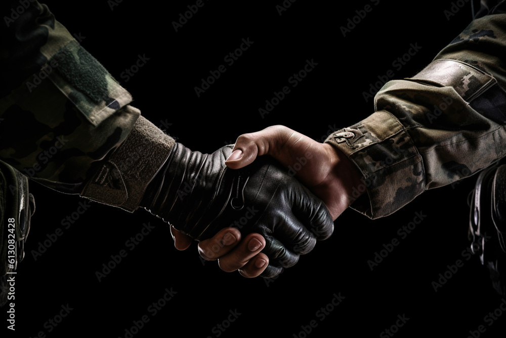Truce. Handshake of two unrecognisable military persons. Photorealistic ...