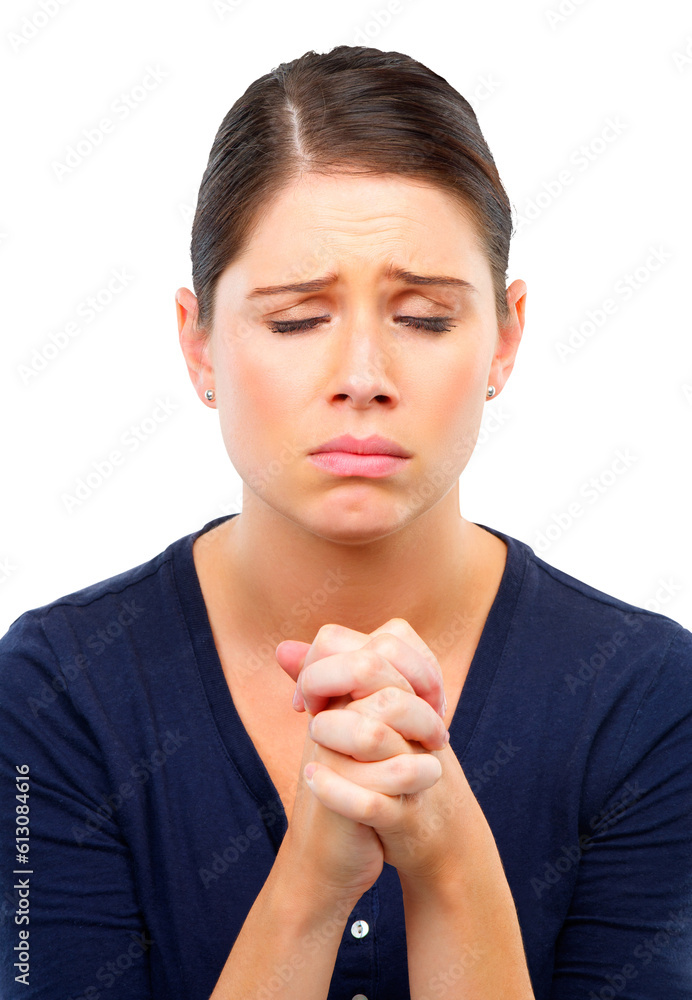 Praying, hands and sad woman with faith, hope and spiritual help ...