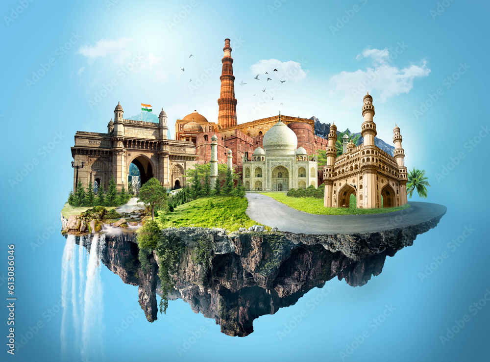 ภาพประกอบสต็อก Collage of India monuments heritage sites landmarks and ...