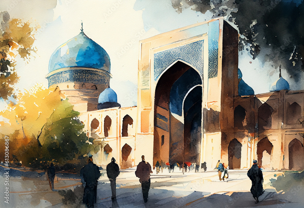 Uzbekistan architecture, fine art watercolor. AI generative content ...