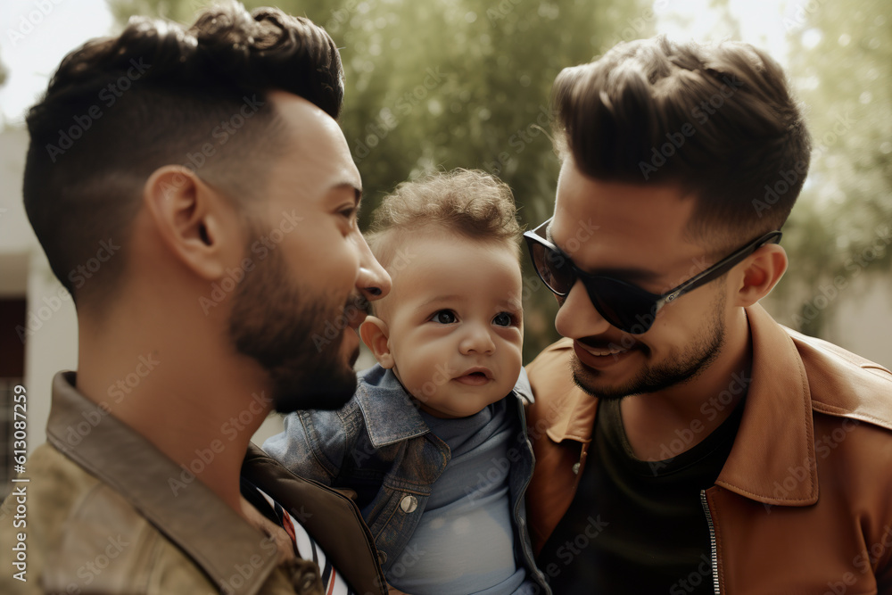 Happy gay couple with baby. LGBTQ family and relationship. Diversity ...