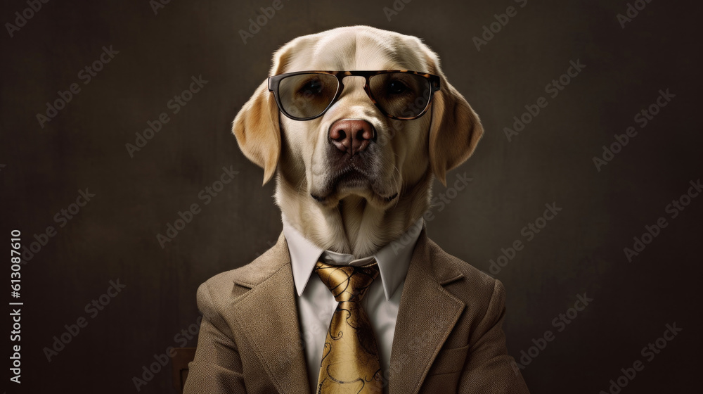 The dog is dressed in a businessman costume, cool and stylish, an ...