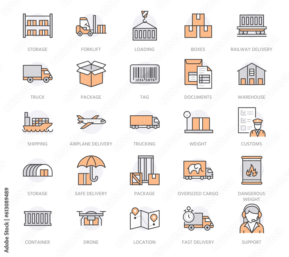 Cargo transportation flat line icons. Trucking, express delivery ...