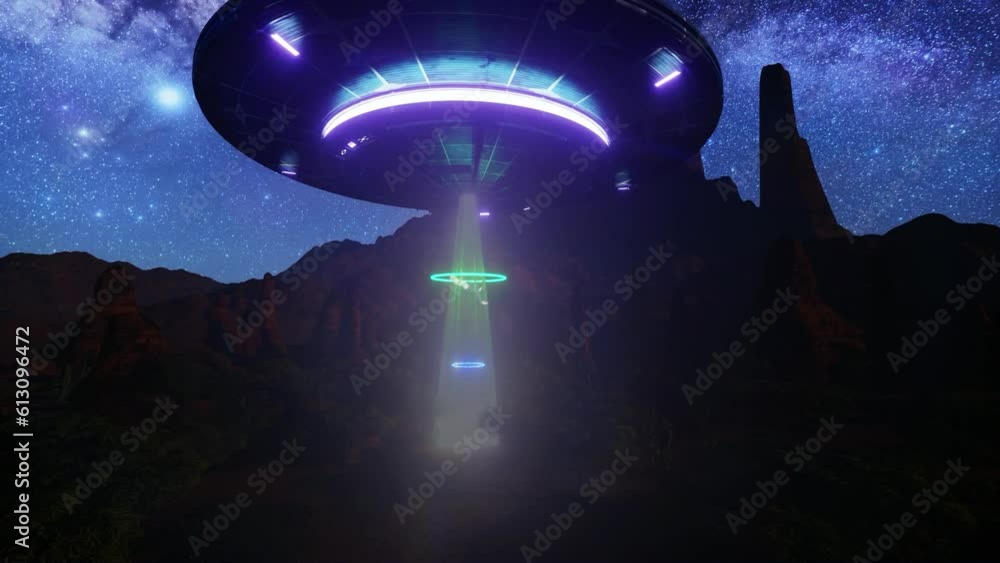 3D cgi of UFO kidnaping a person in desert against starry sky, zoom in ...
