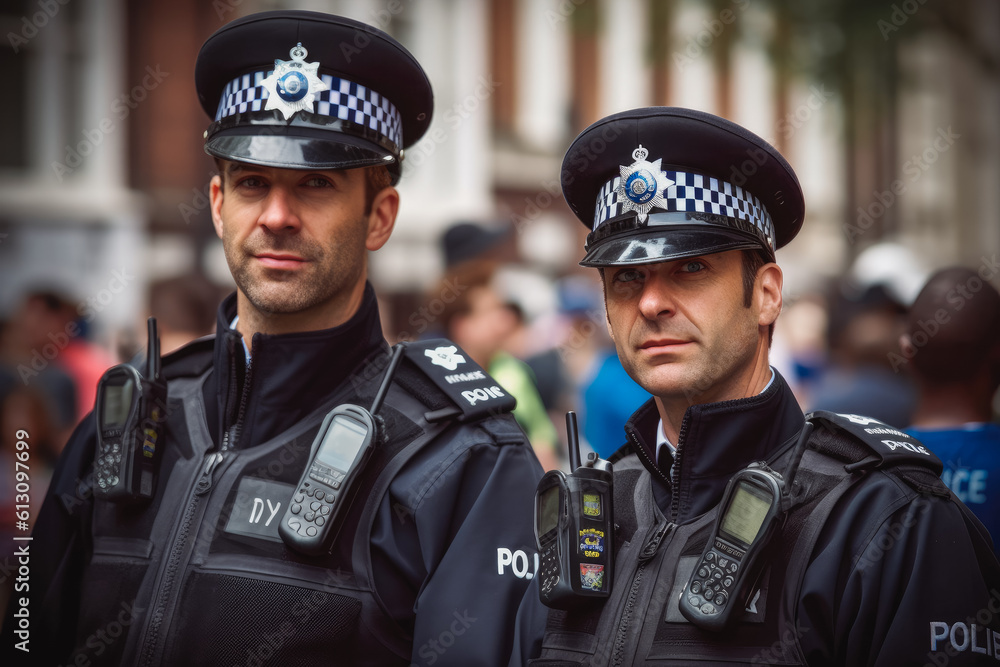 British police officers. Two police officers portrait looking at camera ...