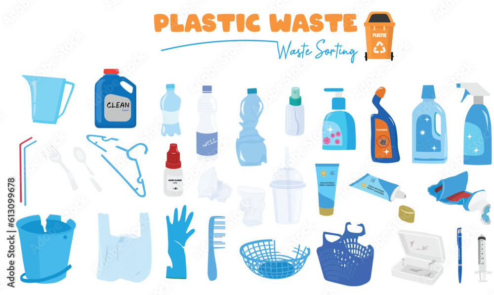 Plastic waste vector set. Plastic garbage vector set. Waste sorting ...