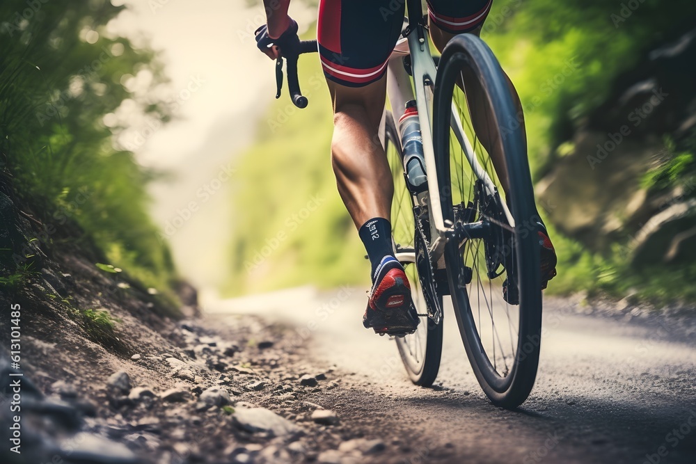 A close-up photo highlighting the straining calf muscles of a cyclist ...