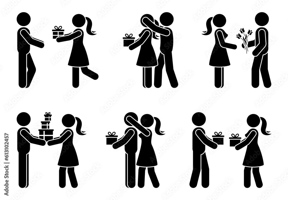 Stick figure person giving presents vector illustration set. People at ...