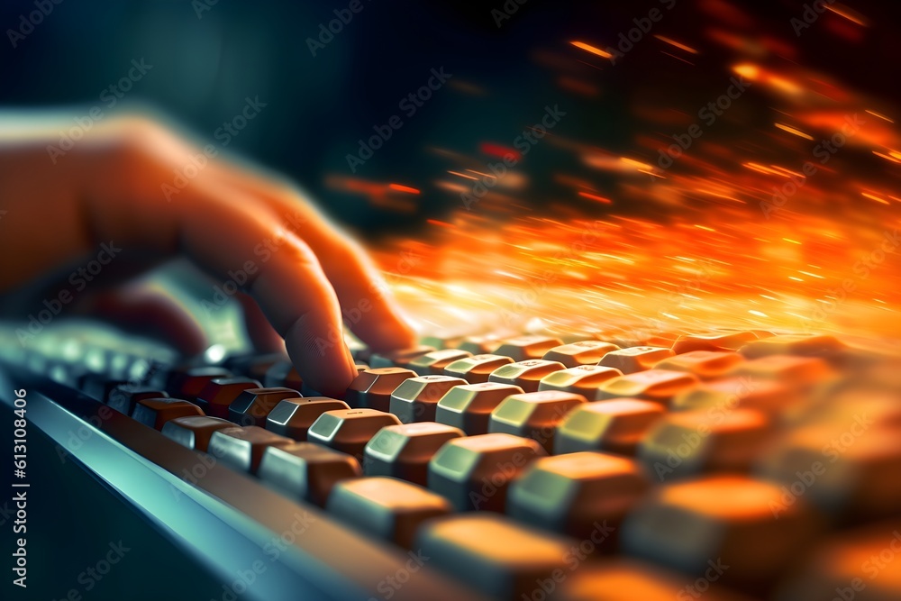 A dynamic image showcasing a person's hands fast typing on a keyboard ...
