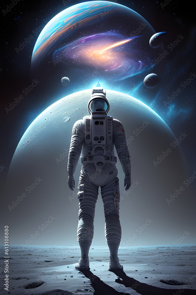 landscape man walking on the moon face back view, space village, galaxy ...