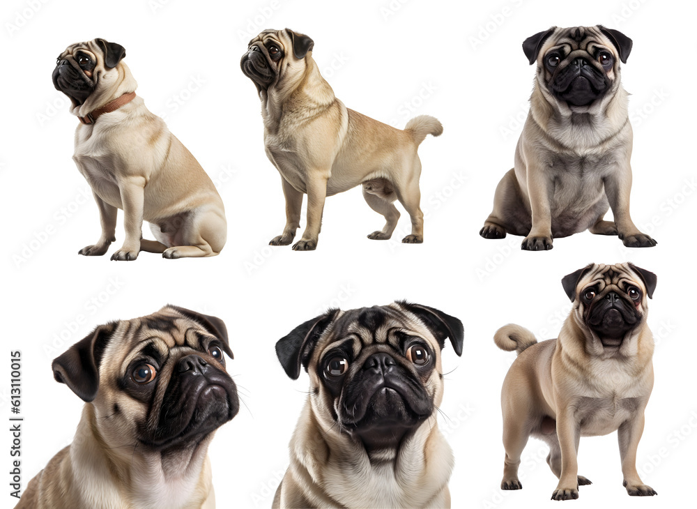 Pug dog puppy, many angles and view portrait side back head shot ...