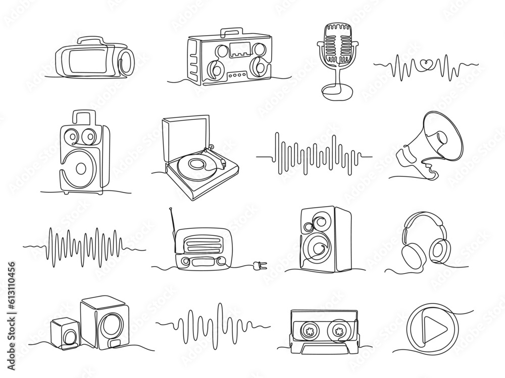 Continuous one line sound illustrations. Linear sound wave, audio ...