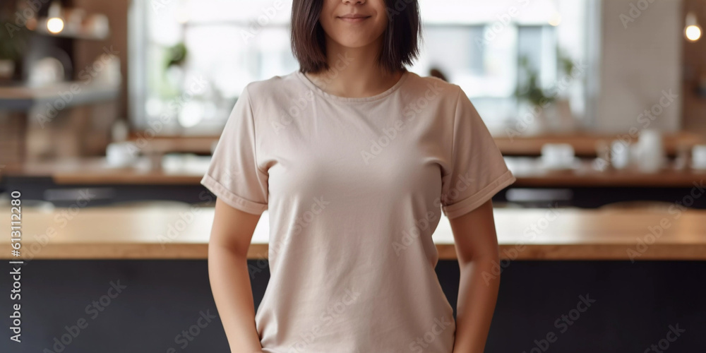 Woman wearing basic tan color shirt with cafe environment background ...