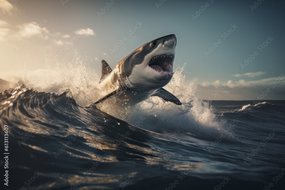 A great white shark breaches the surface of the water, showing off its ...