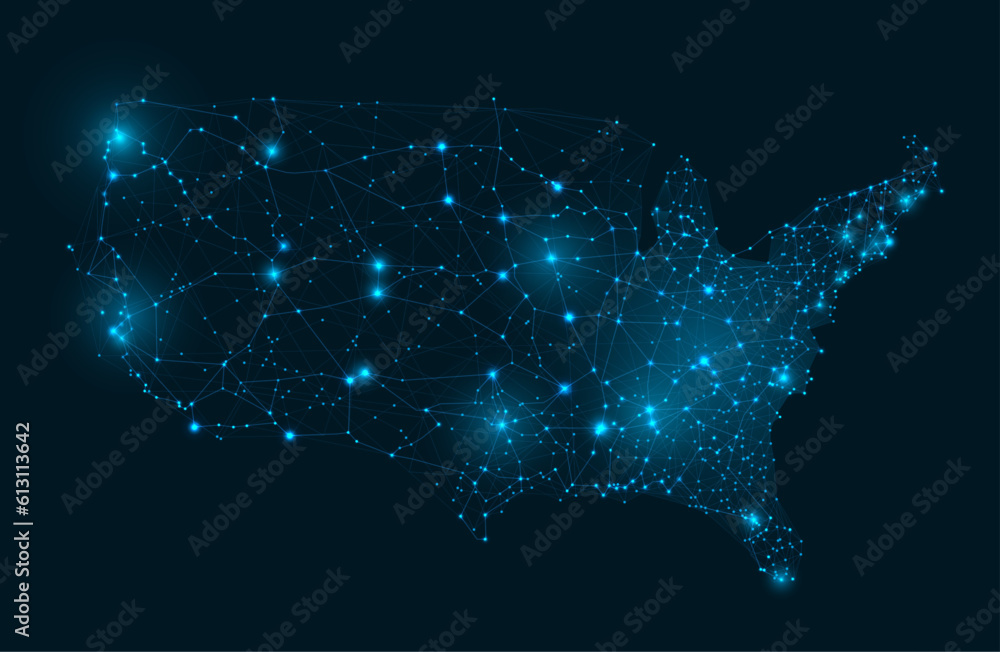 Vetor de USA grid wireframe map. Connected network of states of America ...