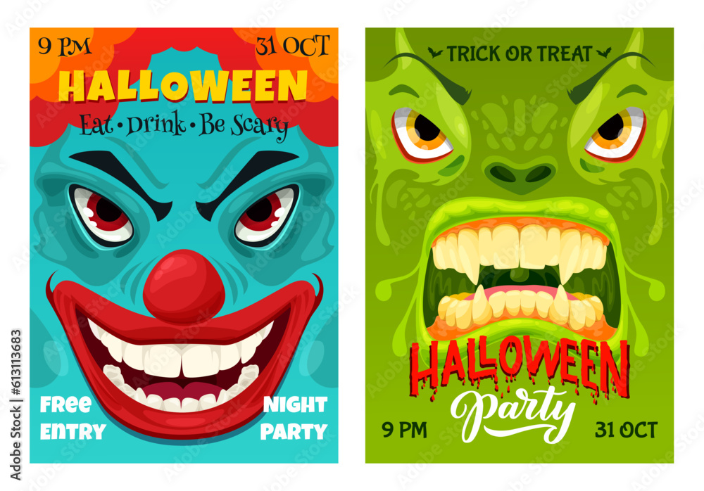 Halloween party flyer, cartoon monster characters. Vector Happy ...