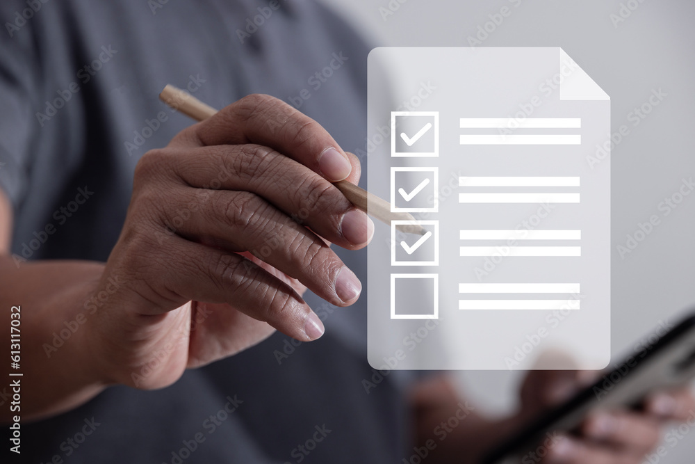 Checklist concept, businessman, check mark on check box with white ...