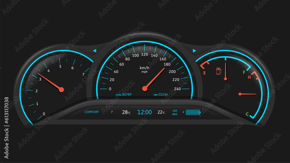 Car dashboard. Vehicle performance monitoring indicators and gauges ...