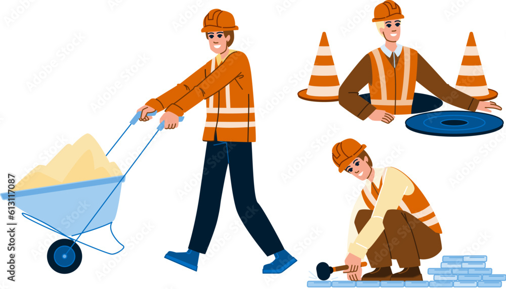 worker street vector. asphalt work, construction repair, equipment man ...