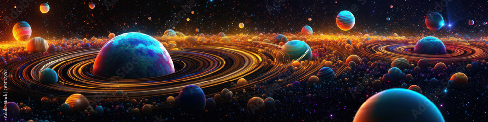 banner. Space galaxy background with planet and asteroids, universe ...