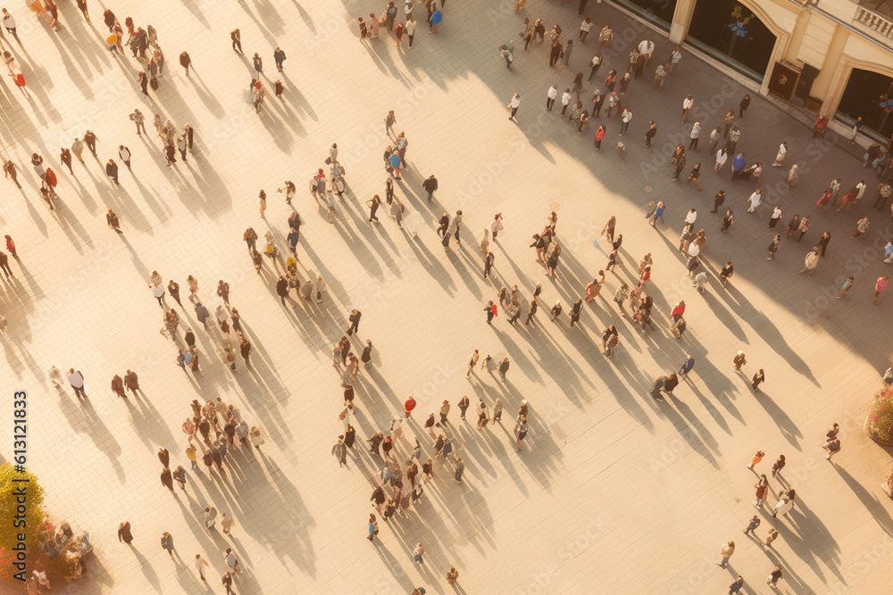 Top view of the city square with a crowd of people walking around ...