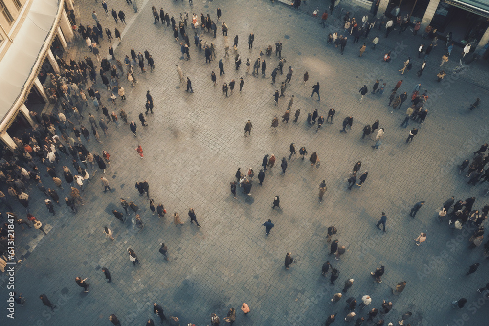 Top view of the city square with a crowd of people walking around ...
