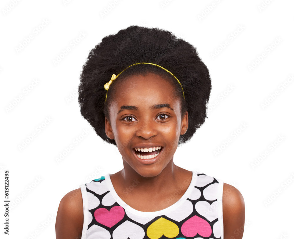 Portrait, afro or excited African girl with happiness, satisfaction or ...