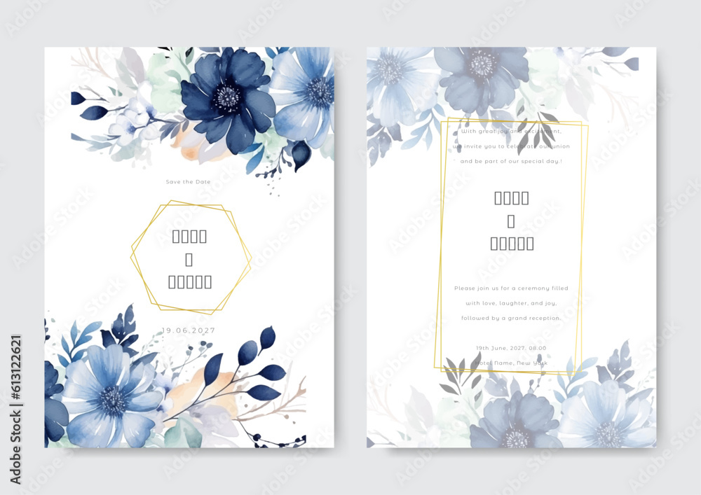 Wedding invitation card set template with watercolor floral. Elegant ...