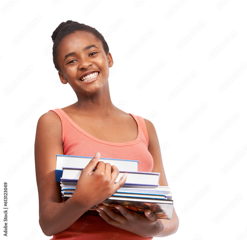 Black girl, teenager and books, student in portrait and smile isolated ...