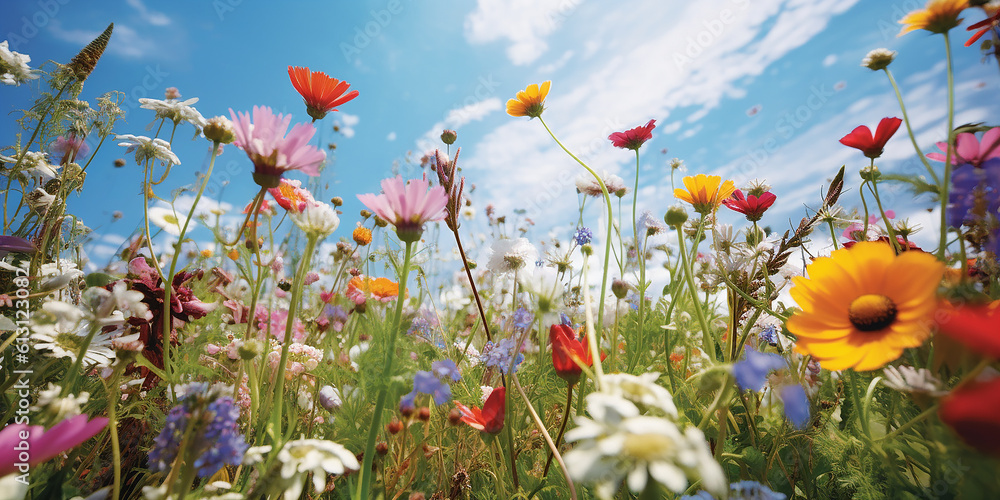 Prato di fiori colorati in estate, visto dal basso, fiori di campo ...