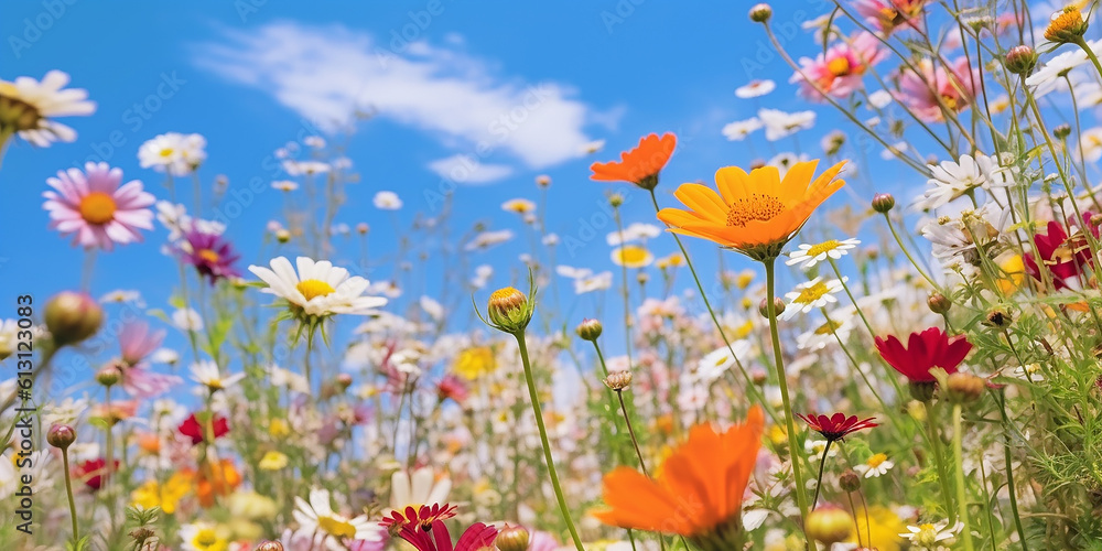 Prato di fiori colorati in estate, visto dal basso, fiori di campo ...