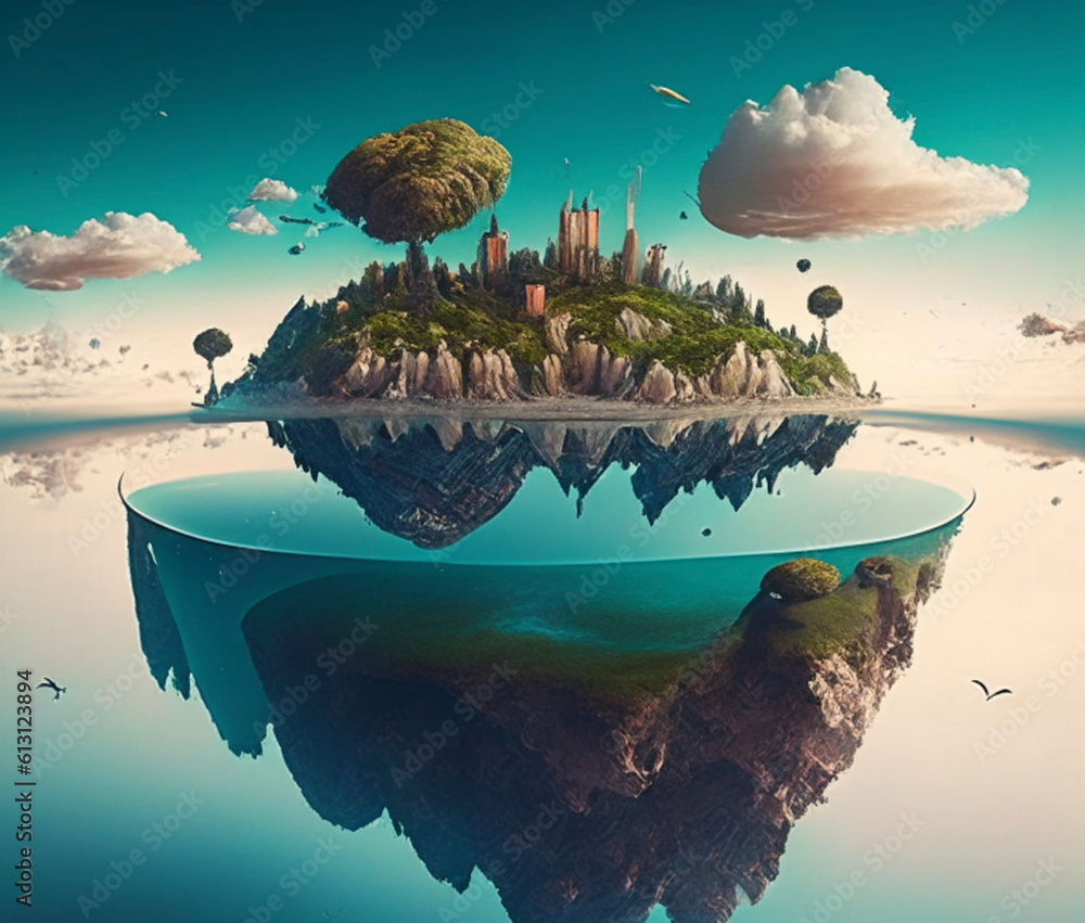 A surreal dreamscape featuring floating islands, upside-down cities ...