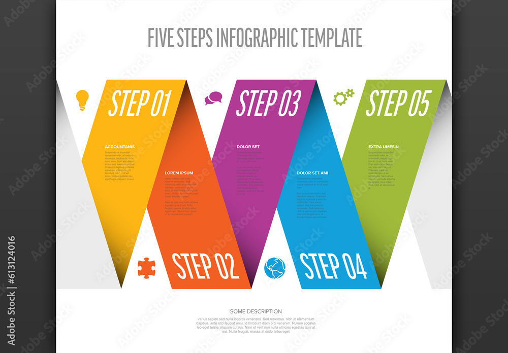 Five color stripe folded paper steps process infographic Stock Template ...