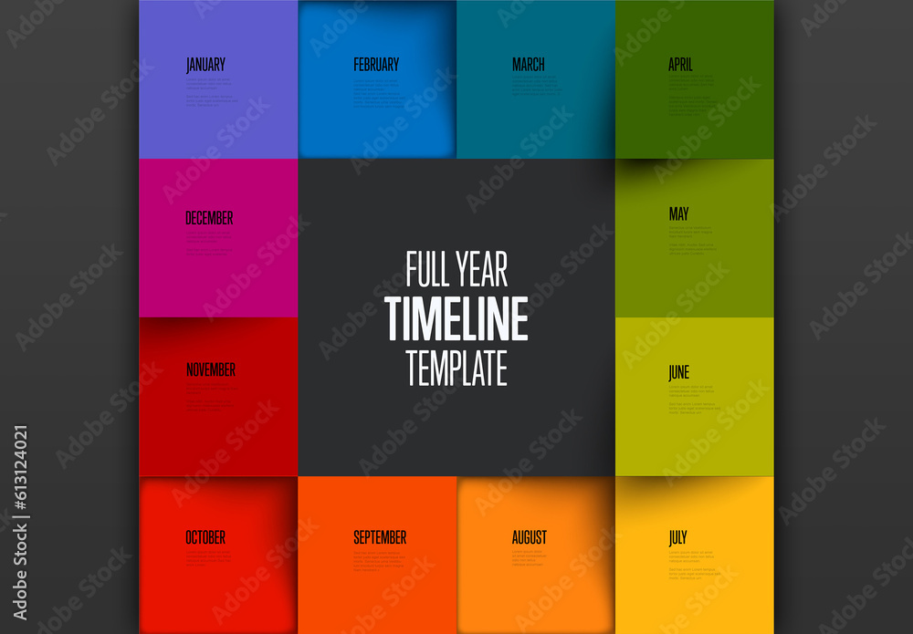 Full year timeline template with 12 month in rainbow square dark ...