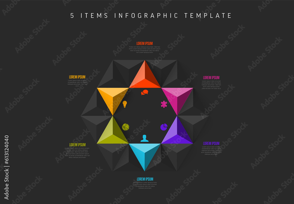 Six triangle elements infographic with icons and descriptions in dark ...