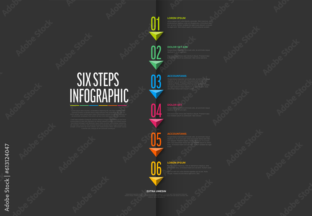 Six color steps with triangle arrow pointers on a vertical line dark ...