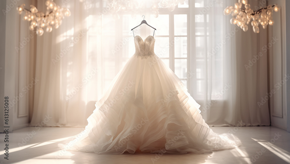 Closeup wedding dress in bridal room background. Banner. Front view of ...