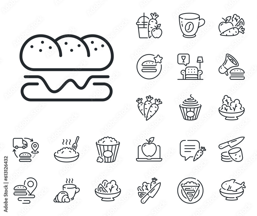 Fast food sign. Crepe, sweet popcorn and salad outline icons. Burger ...