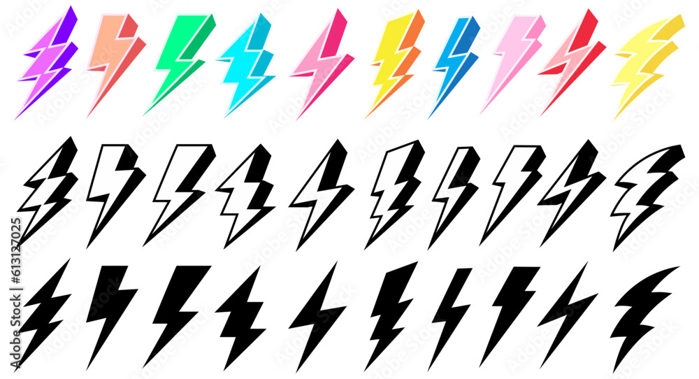 set collections colorful trendy Lightning bolt icon. Thunderbolt vector ...