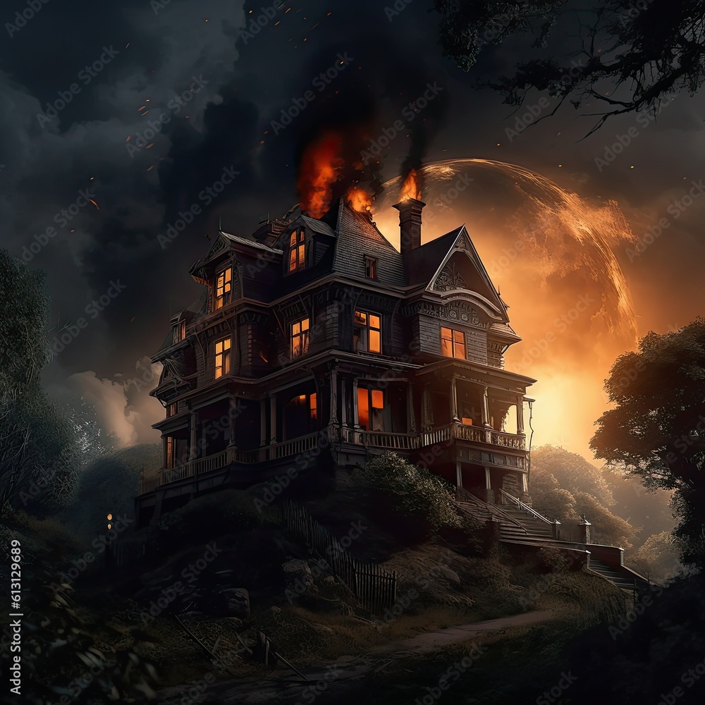 dark gloomy Victorian mansion is on fire on top of a hill. Postcard ...