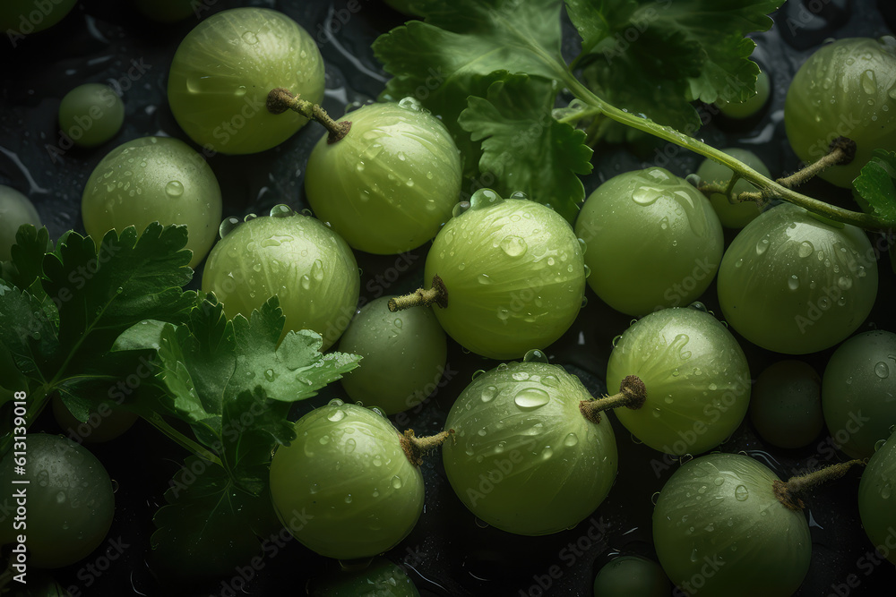 Close-up Top view of lots of green fresh gooseberries in drops of water ...