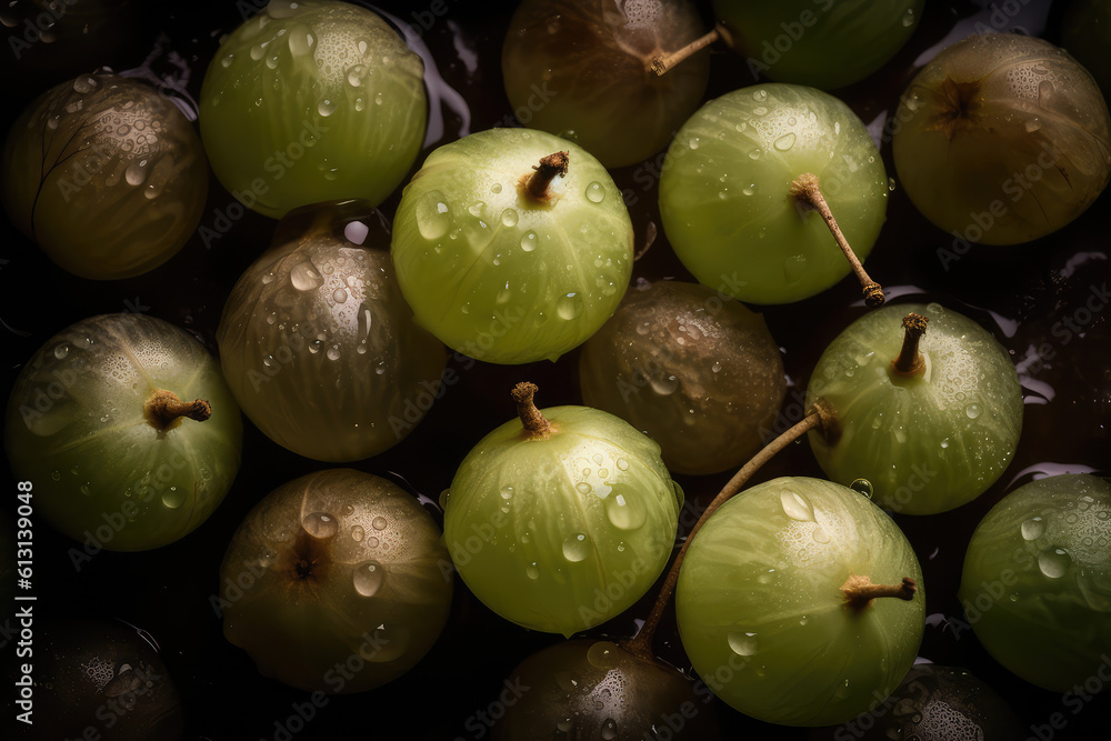 Top view of lots of green fresh gooseberries in water on a black ...