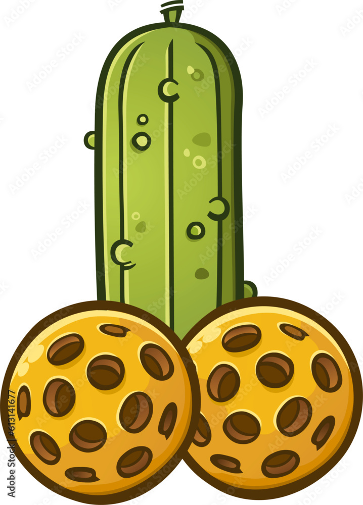 A large phallus made of a pickle shaft and two pickleballs shaped like ...