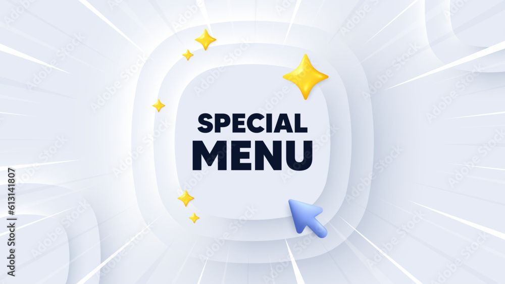 Special menu tag. Neumorphic banner with sunburst. Kitchen food offer ...